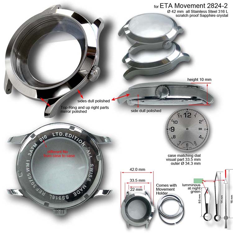 WATCH CASE, TACHYMETER, DIAL chrome sunbrush, lumminous HANDS for ...